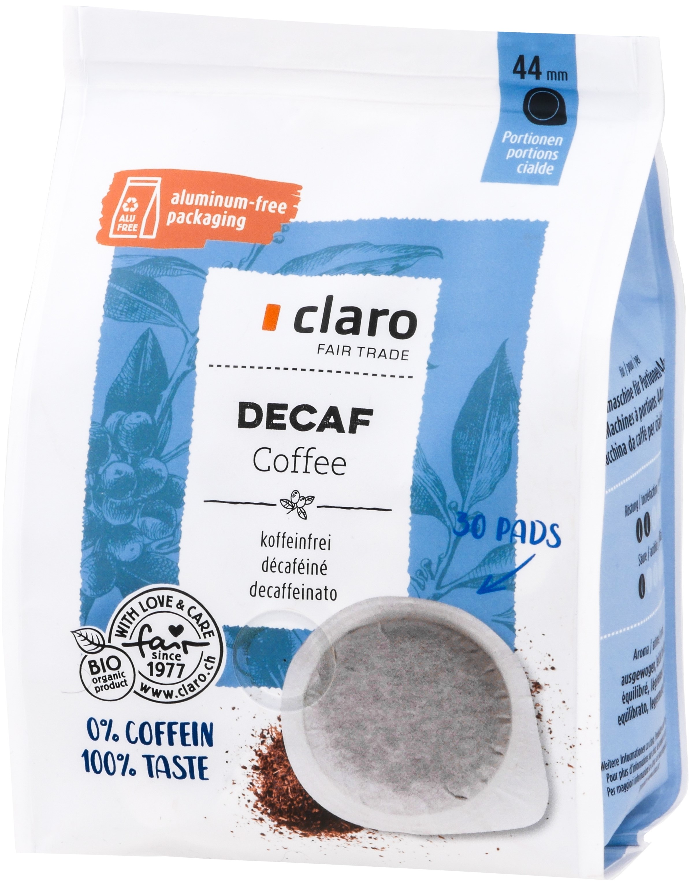 Claro - Decaf - 30 E.S.E. Pads 44mm Portionen (lose im Beutel ...